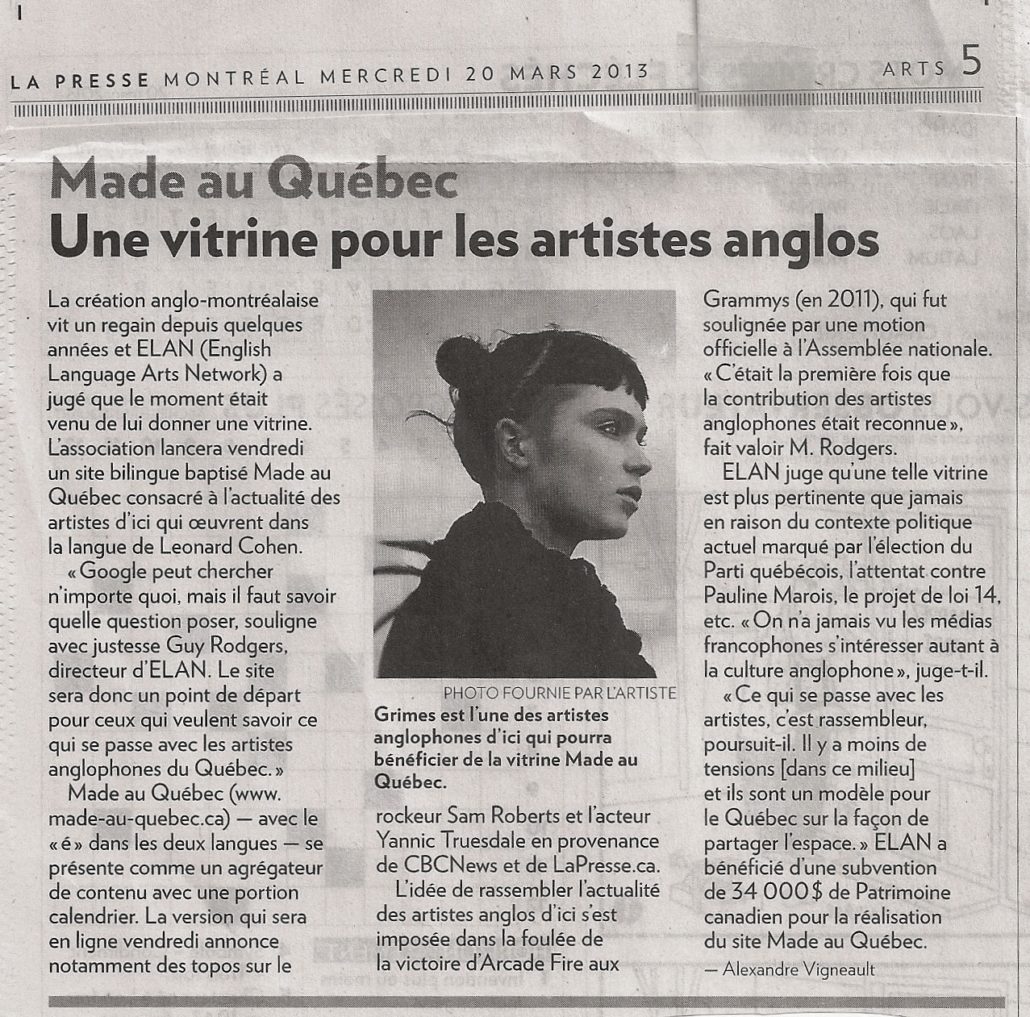Article on Made Au Québec (La Presse, 2013) - ELAN